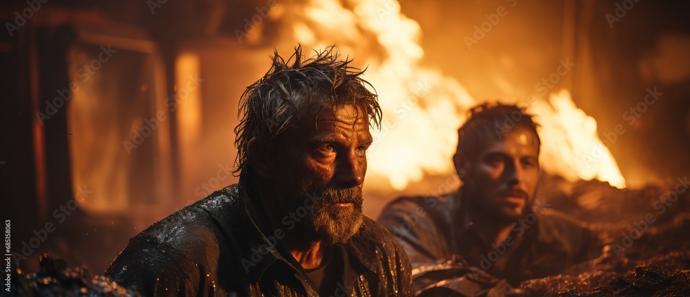 Male firefighter among fire and smoke, dangerous work of fire brigade ...