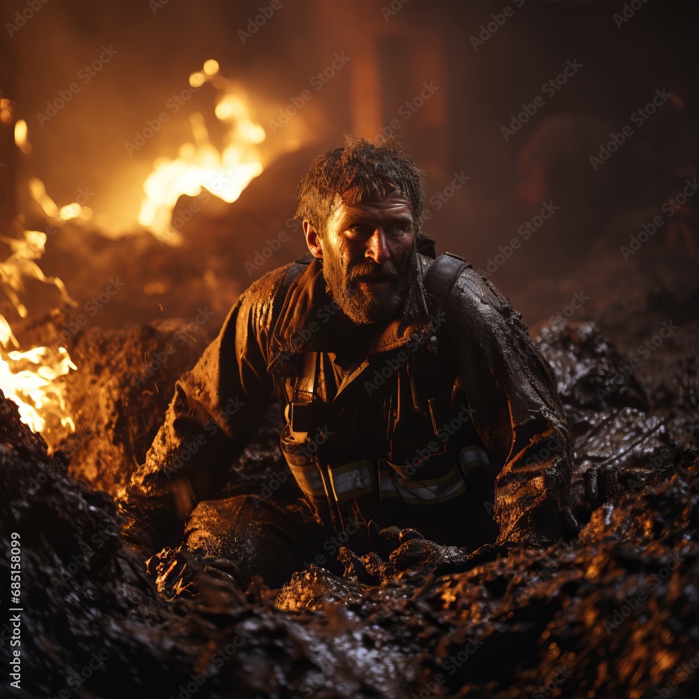 Male firefighter among fire and smoke, dangerous work of fire brigade ...