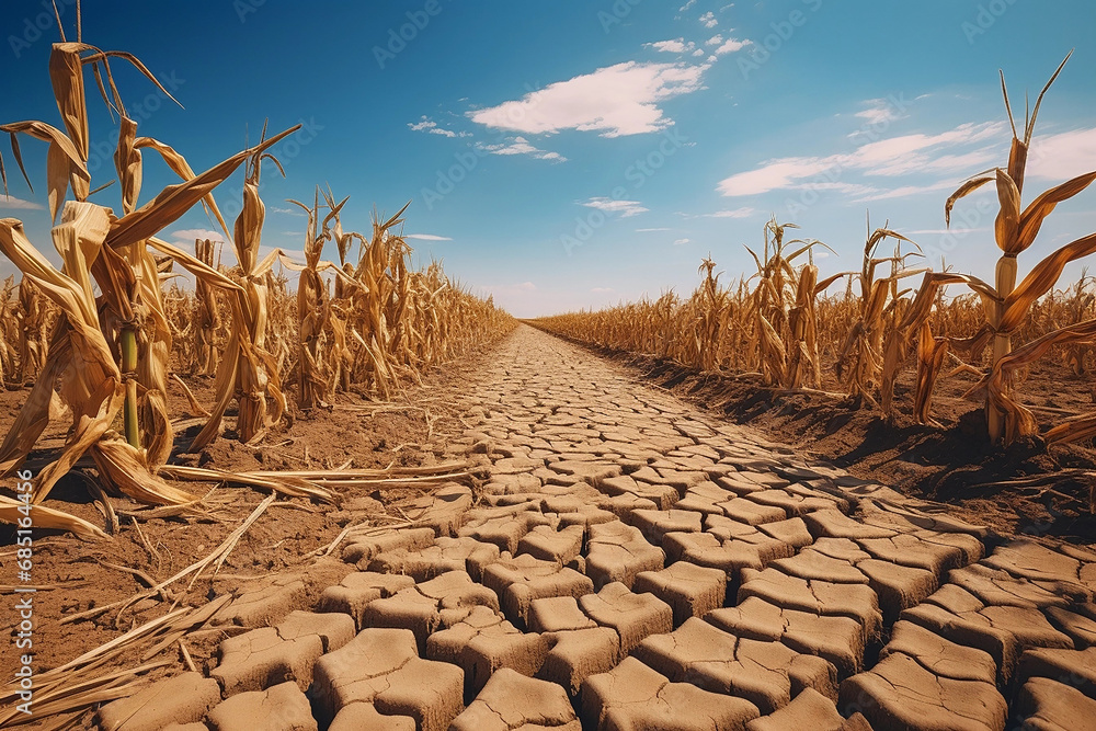 Desert dry land, cloudy blue sky over dried out, cracked nature ...