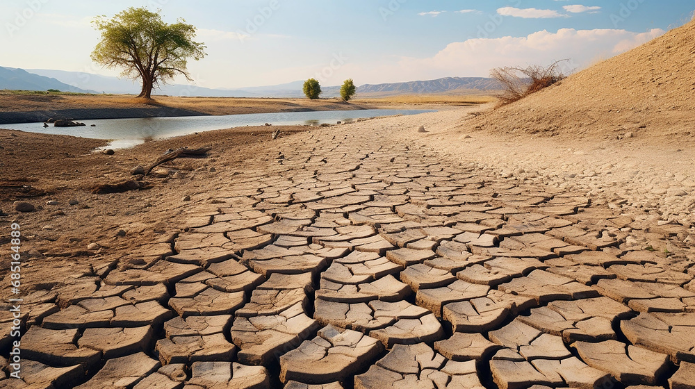 Desert dry land, cloudy blue sky over dried out, cracked nature ...