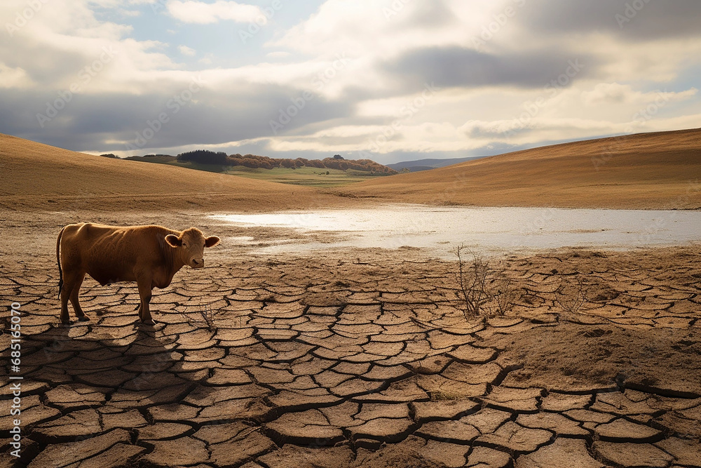 Cow in the desert. Water scarcity. Animals are looking for water ...