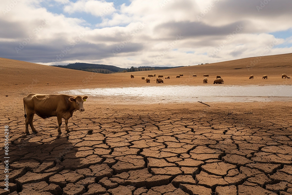 Cow in the desert. Water scarcity. Animals are looking for water ...