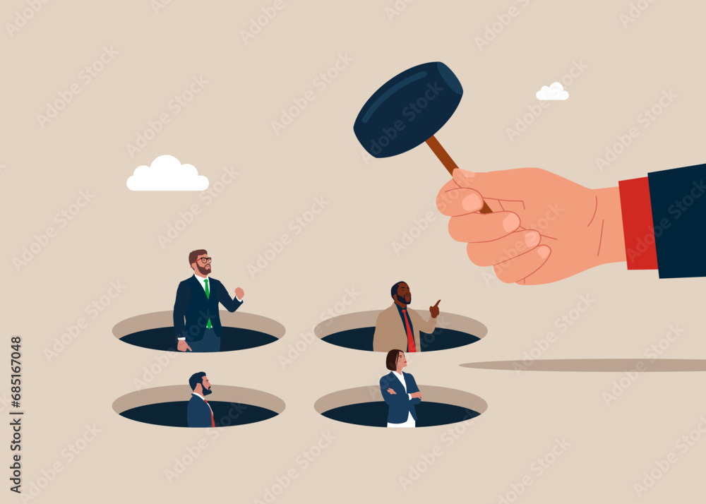 Hand businessman holding hammer hitting he boss in a mole hole. Flat ...