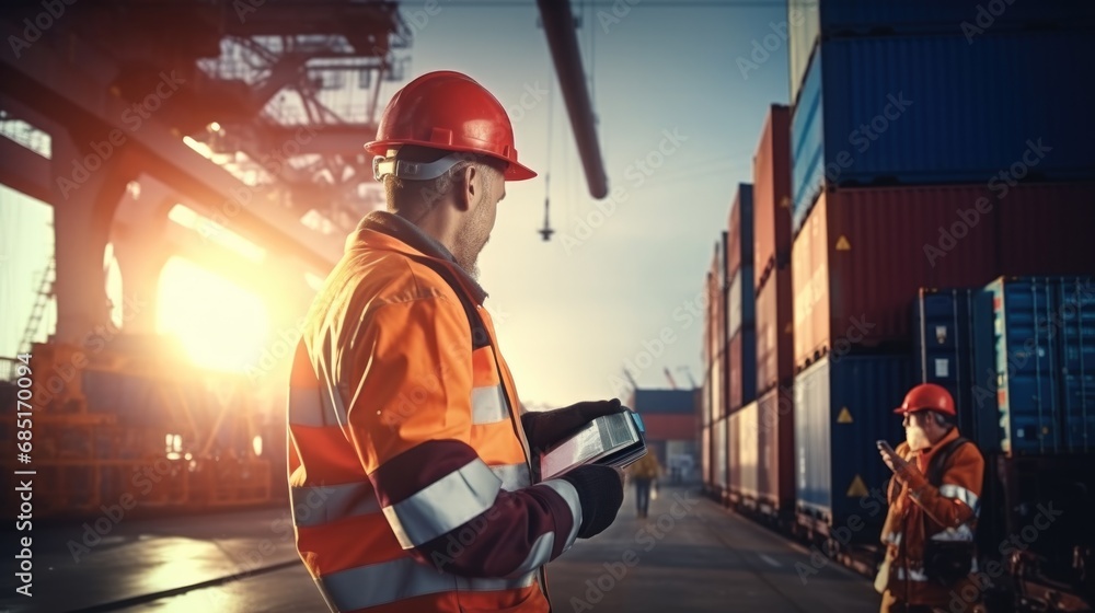 worker in container yard using tablet for loading cargo container ship working with crane in ...