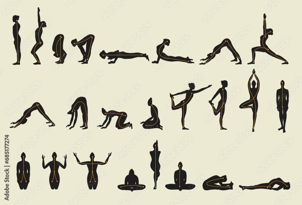 Silhouette of woman posing in yoga steps with direction lines, Vector ...