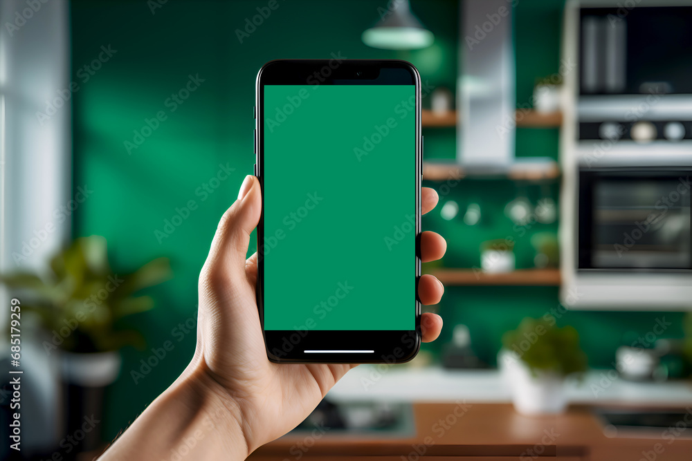 Hand holding smartphone with empty green screen against kitchen ...
