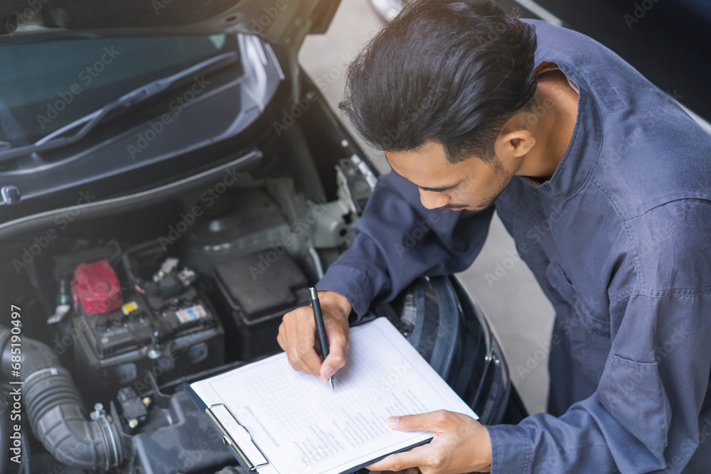 Auto check, car service shop concept. Automobile repairman writing job ...