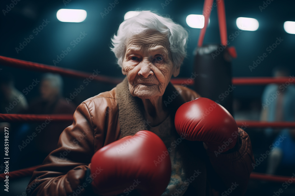 Grandmother boxer in boxing gloves on boxing ring. Old beautiful ...