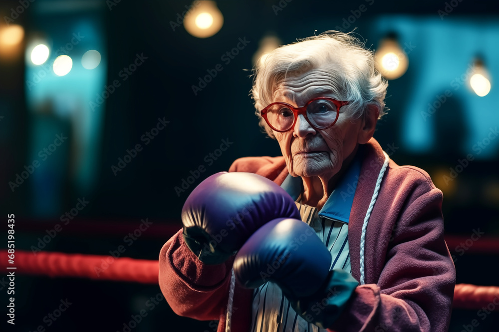 Old Woman in boxing gloves in fight. Grandmother boxer in boxing gloves ...