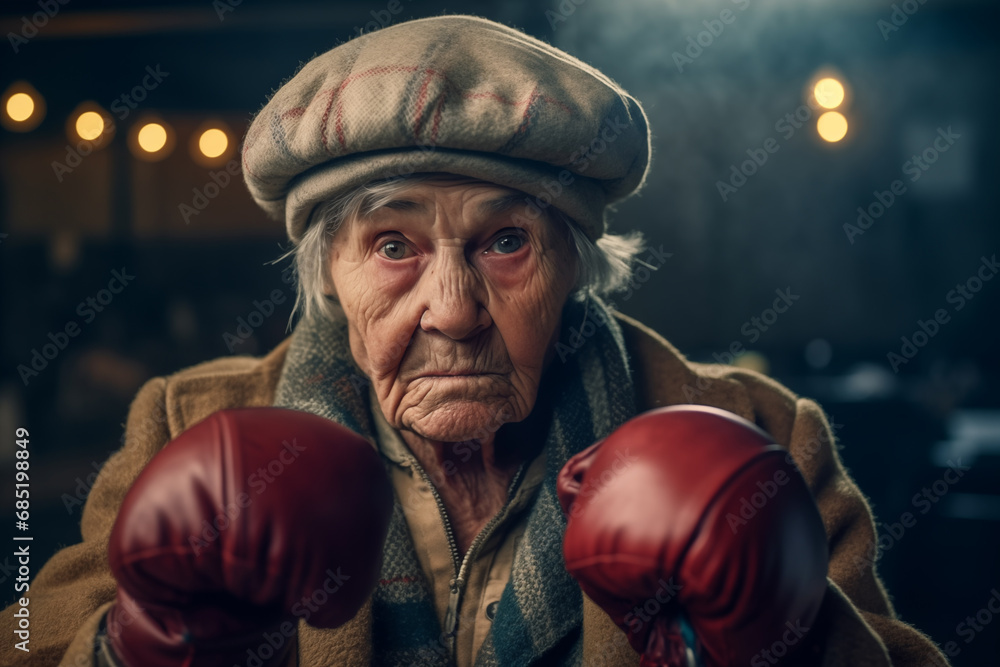 Old Woman in boxing gloves in fight. Grandmother boxer in boxing gloves ...