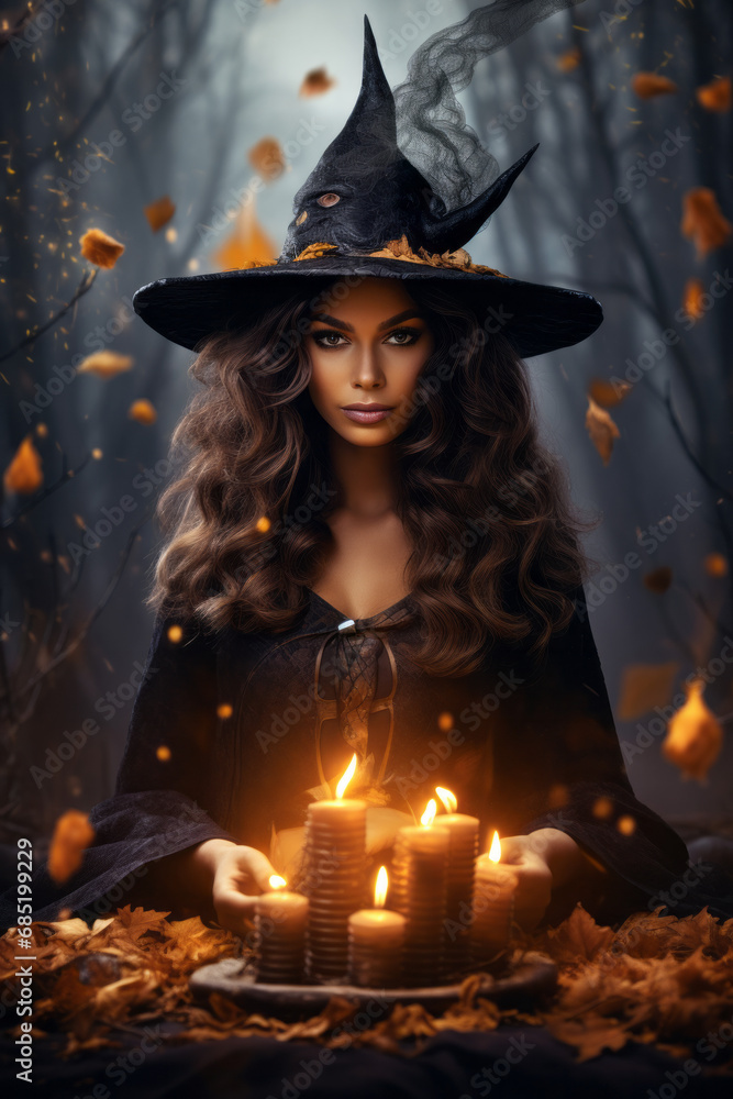 Halloween Witch girl with making witchcraft, magic in her hands, spells ...