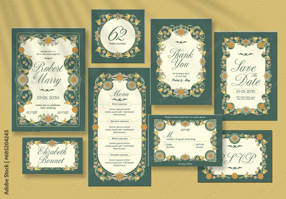 Green Flourish Illustration Artnouveau Wedding Invitation Stock ...