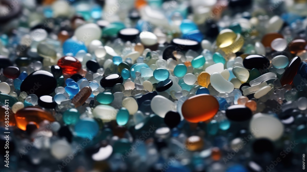 Close-up of microplastic particles background. Environmental water ...