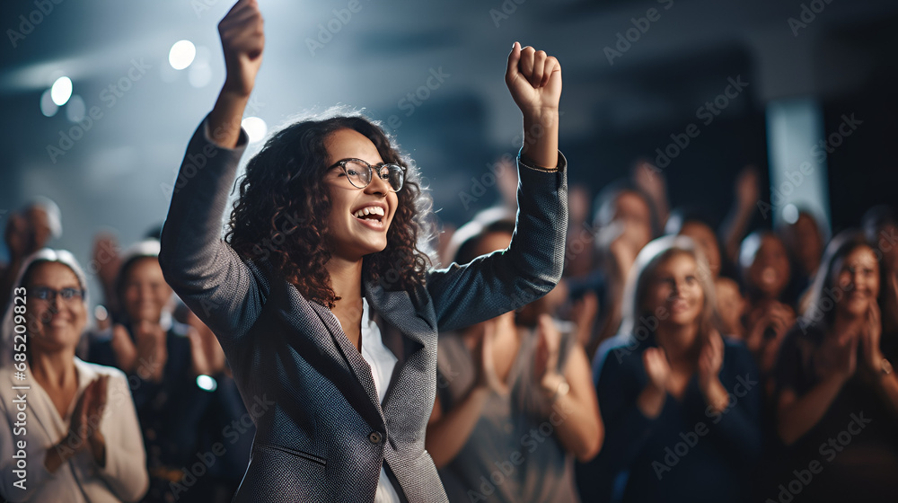 business woman success, getting a standing ovation at a conference ...