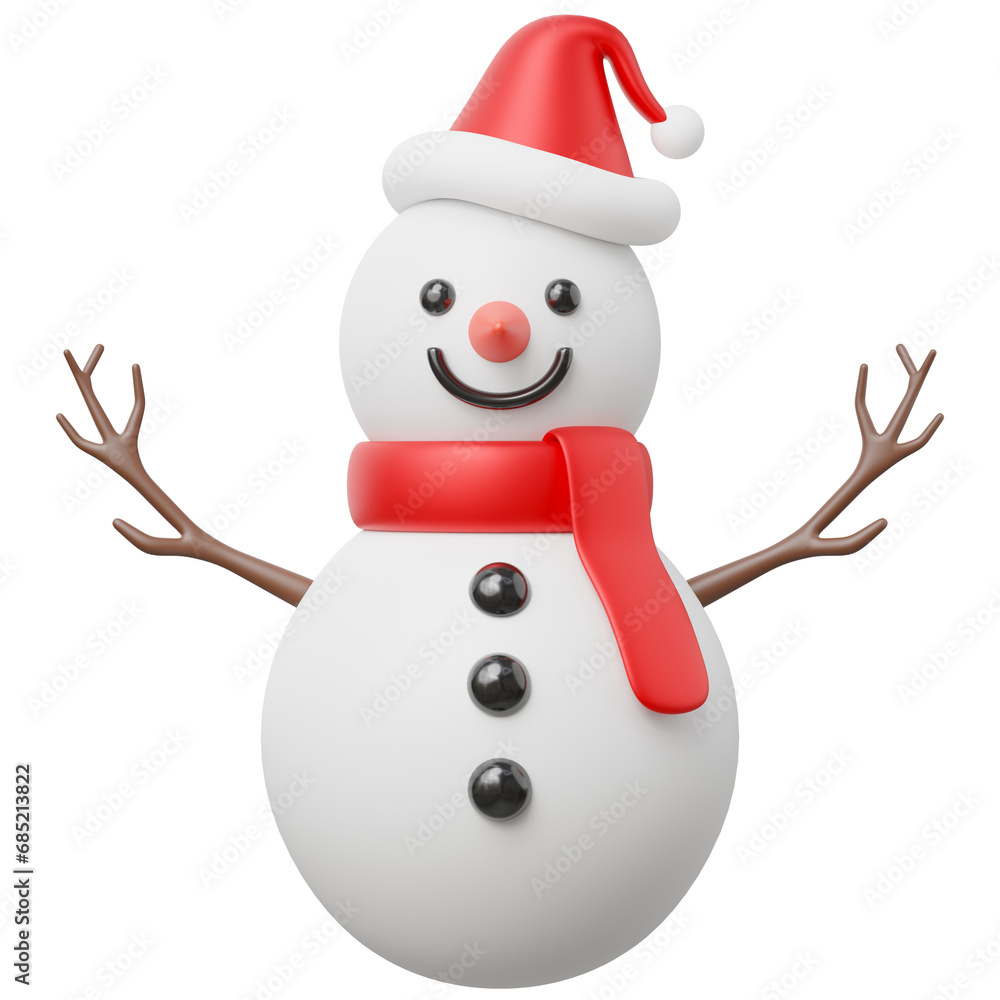 3d Snowman wearing a red muffler and santa hat floating isolated on ...