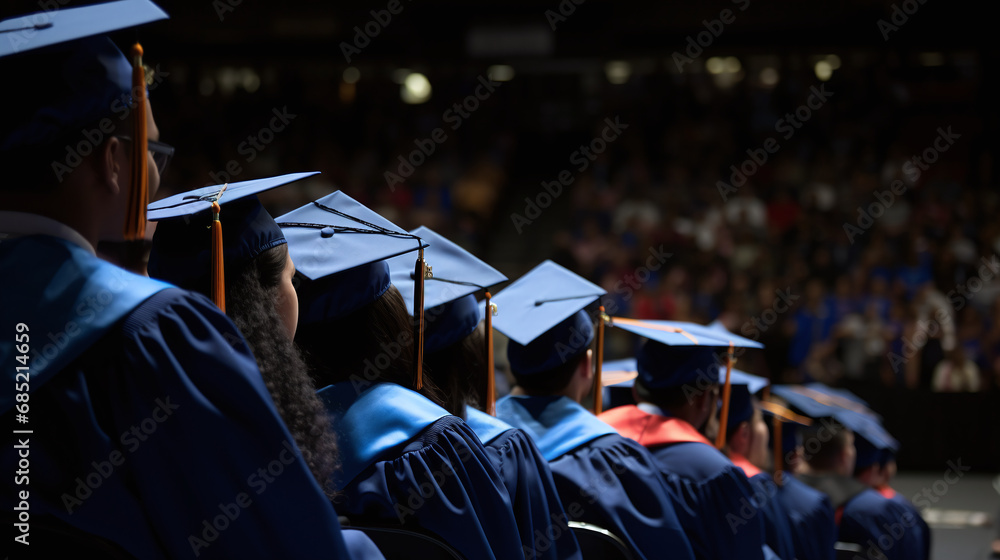 Graduation Ceremony Students Wearing Blue Caps and Gowns Await Their ...