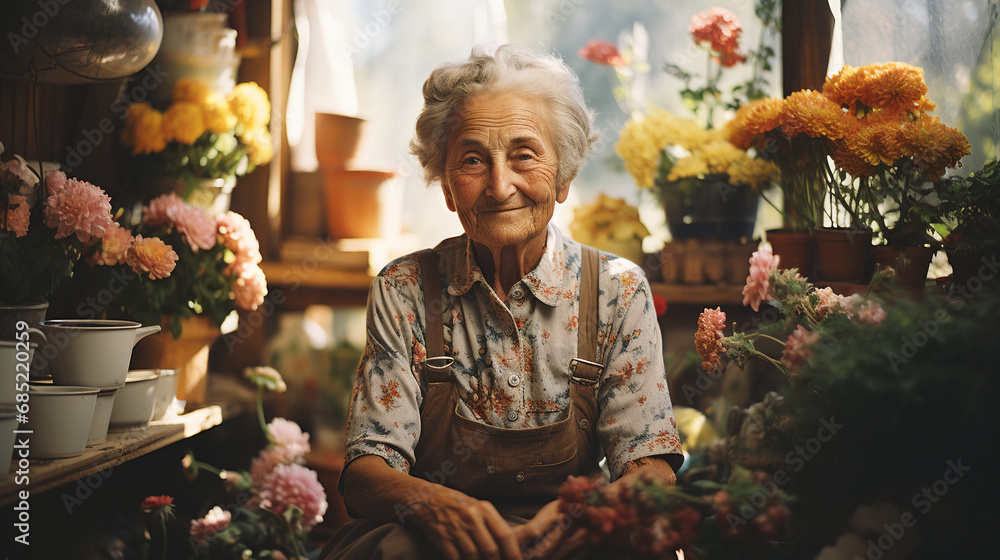 authentic style photo shot of a granny in the garden analog film with ...