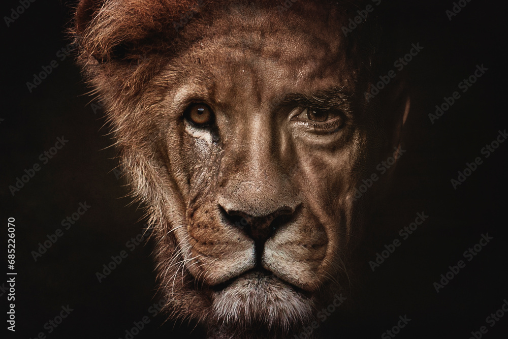 Portrait of a man and lion's face merged to represent inner strength ...