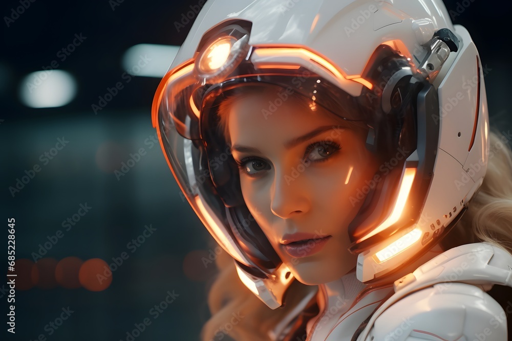 Adventurous Woman in White Helmet with Illuminated Face Explores the ...