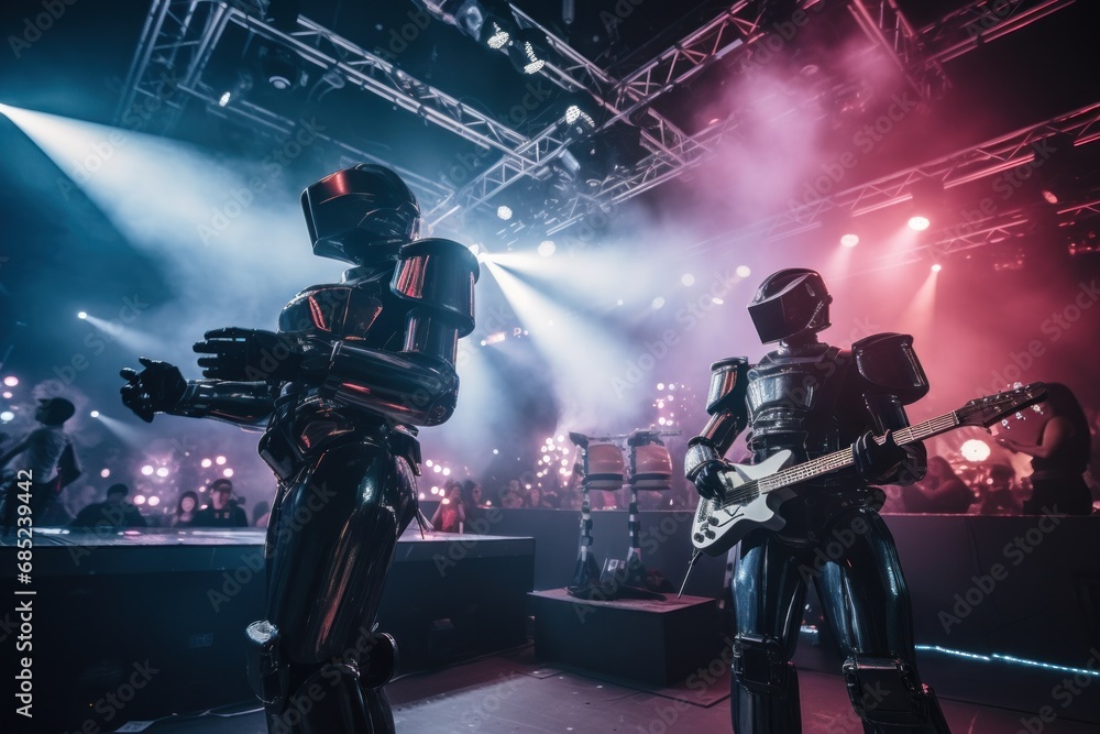 Rock band of rebellious robots performing at a futuristic concert, with ...