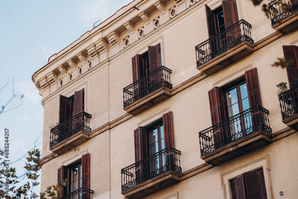 colonial architecture of Europe, balconies of an old house in Europe ...