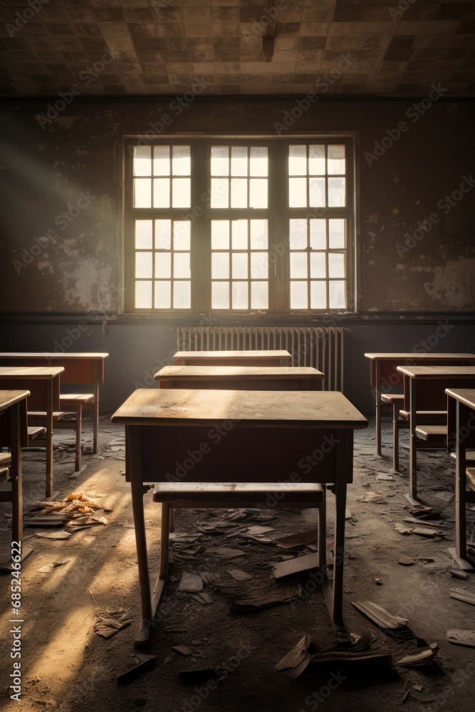 An Empty Classroom in a Deserted Insane Asylum with a School Desk in a ...