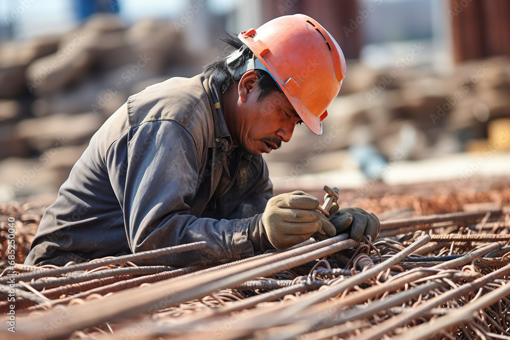 Construction worker Making Reinforcement steel rod and deformed bar ...