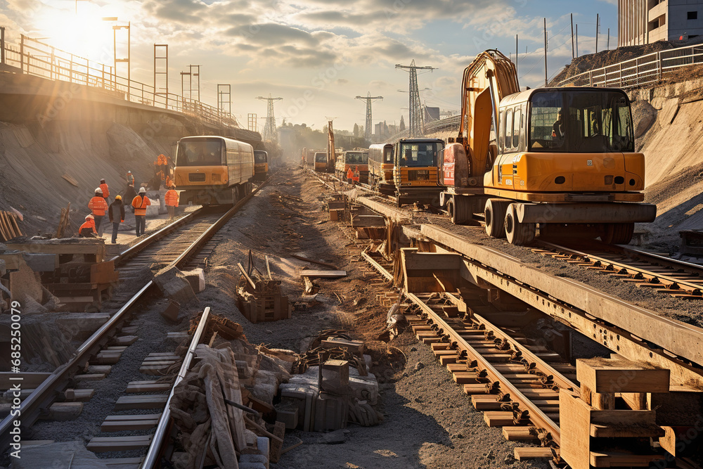 Construction of a mass transit train line in progress with heavy ...