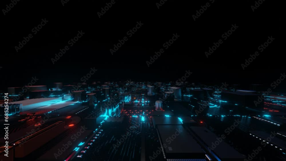 endless forward movement over a stylized motherboard with a flashing ...