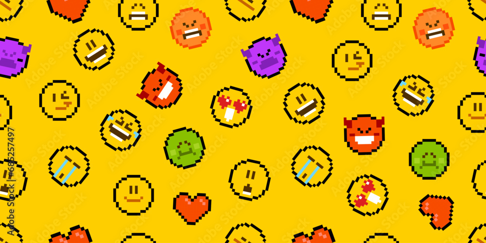 Pixel seamless pattern on yellow background. Vector 8 bit cute emoticon ...
