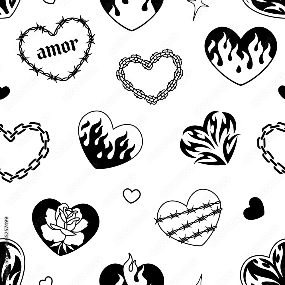 Seamless patern with gothic hearts in 2000s style. Emo goth tattoo ...