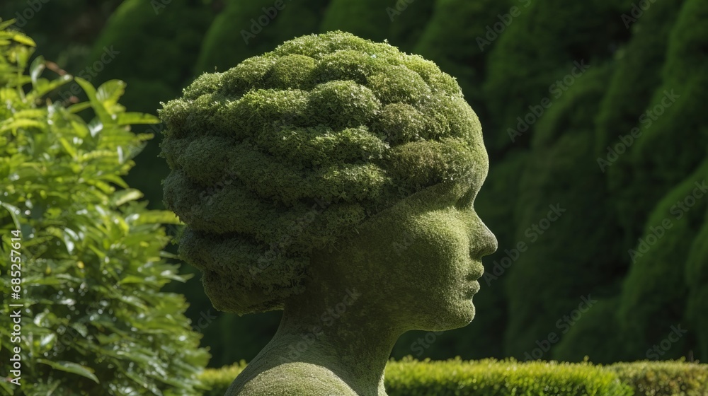 Garden topiary shaped like a human head, meticulously trimmed ...
