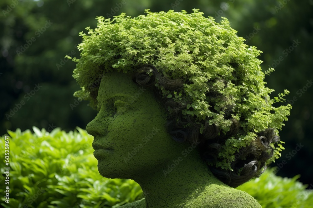 Garden topiary shaped like a human head, meticulously trimmed ...