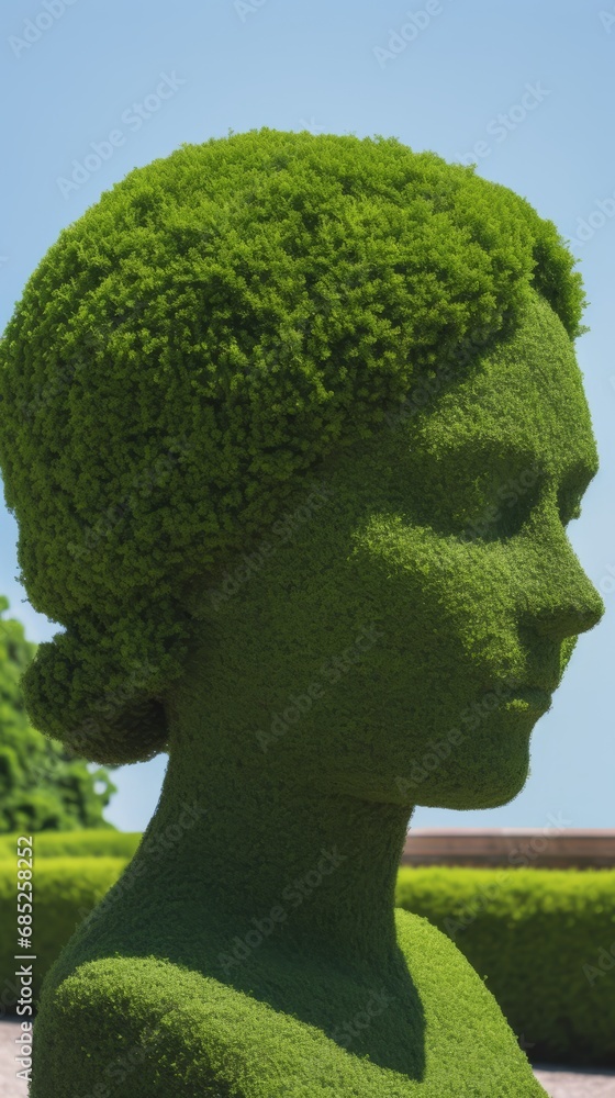 Garden topiary shaped like a human head, meticulously trimmed ...