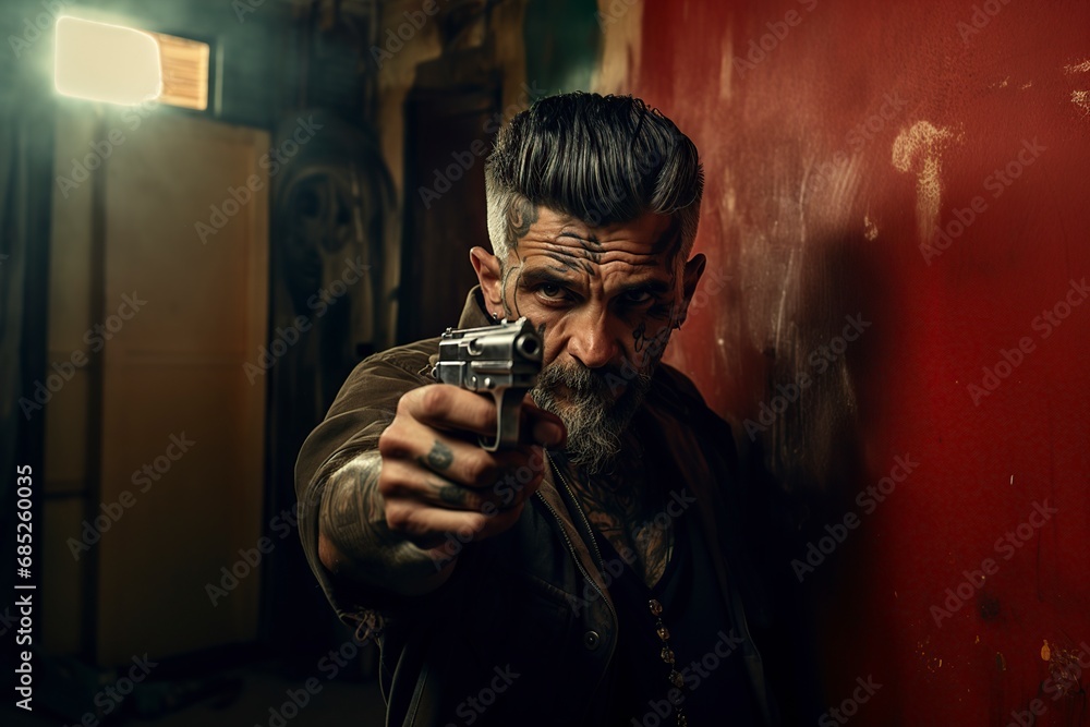 tattooed member of the South American mara gangs with a gun in his ...