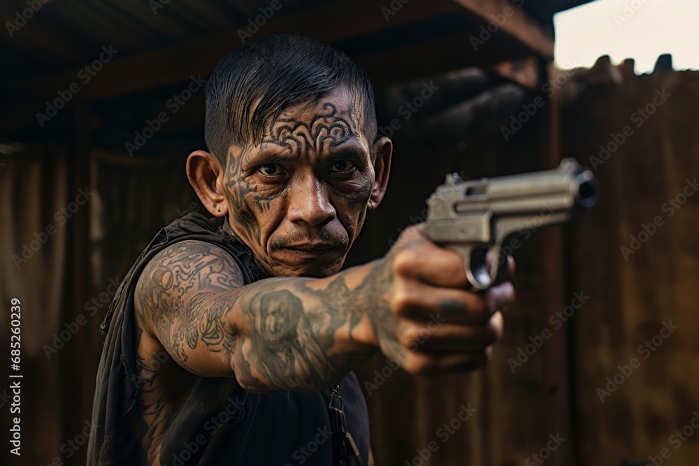 tattooed member of the South American mara gangs with a gun in his ...