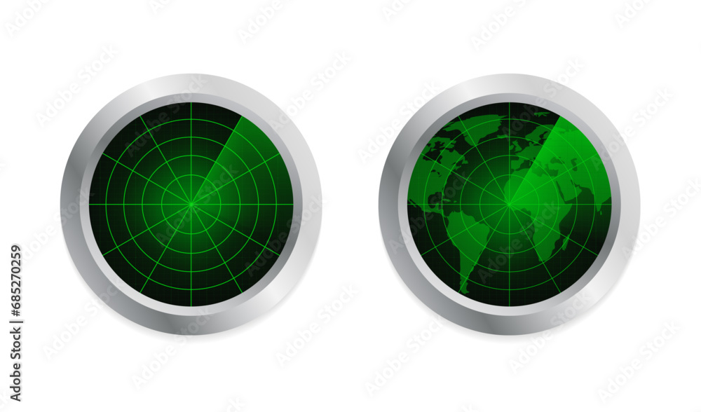 Realistic vector radar in searching. World map with a radar screen. Air ...