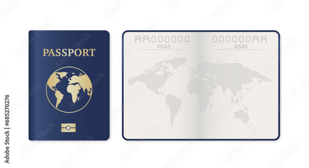 Passport cover with map. Passport pages. Realistic detailed 3d passport ...