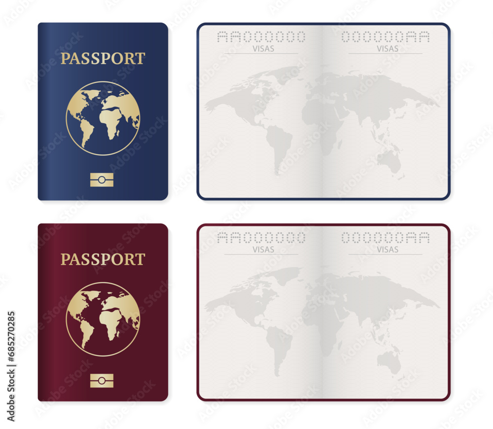 Passport cover with map. Passport pages. Realistic detailed 3d passport ...