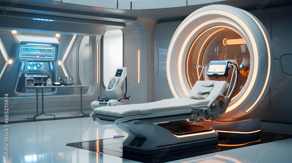 Sci fi futuristic interior of a medical bay with treatment bed and ...