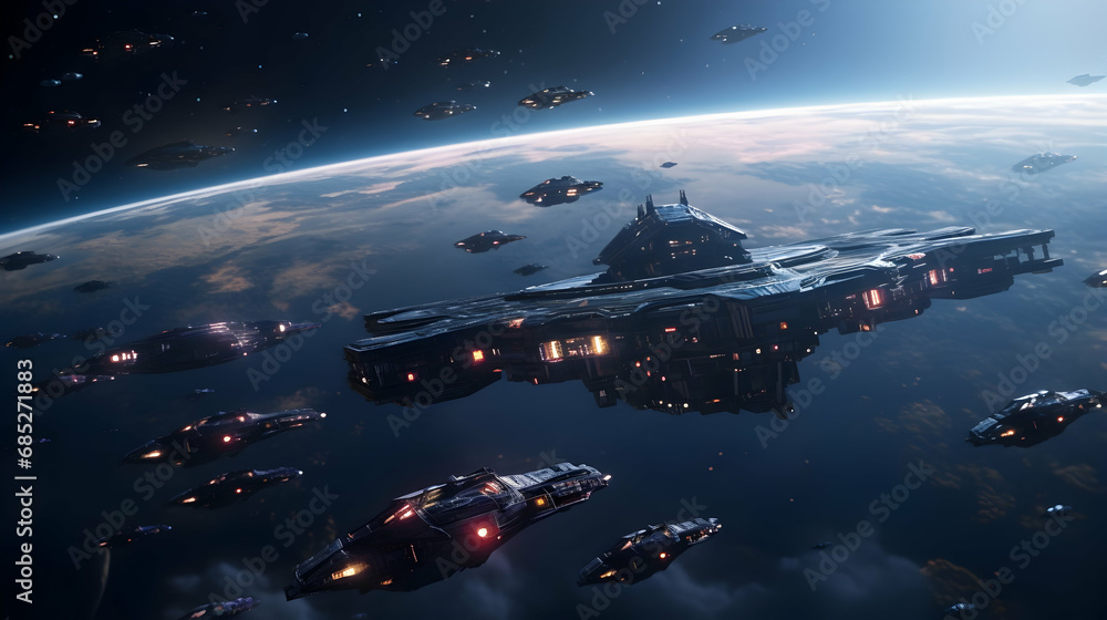 Spaceship fleet leaving Earth as a 3D concept ,Generated with AI. Stock ...