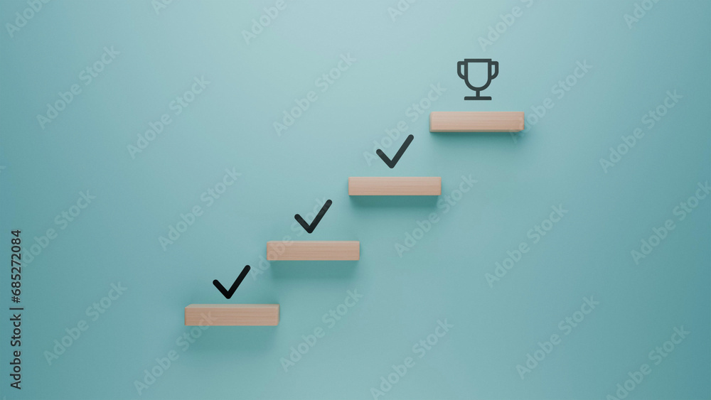 Sequential progress and milestone accomplishment concept, wooden steps ...