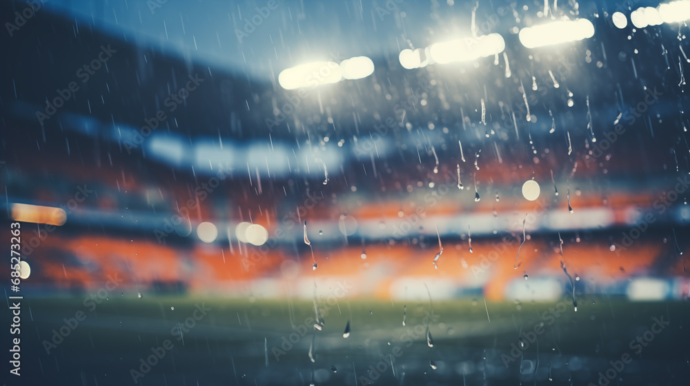 Sports stadium with lights on. Big arena, grandstand. Rainy weather ...