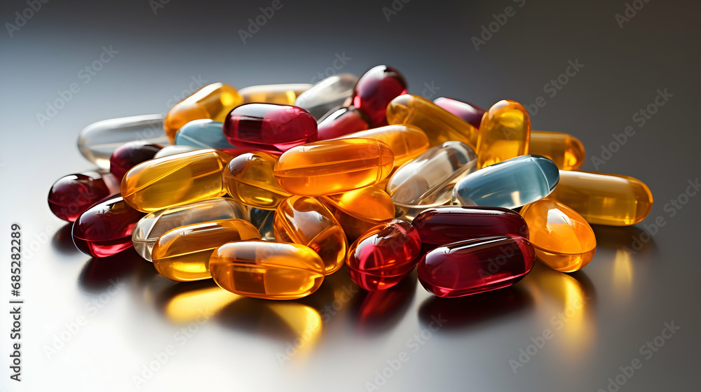 Pile of various vitamin capsules. Dietary and nutritional supplemets for healthy eating ...