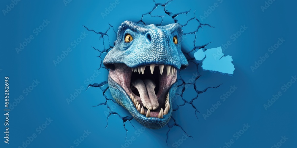 Cute T-Rex peeking out of a hole in wall, torn hole, empty copy space ...