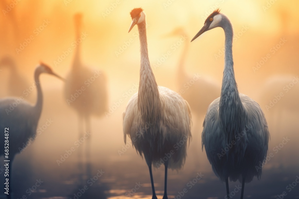 A group of birds standing next to each other. This image can be used to ...