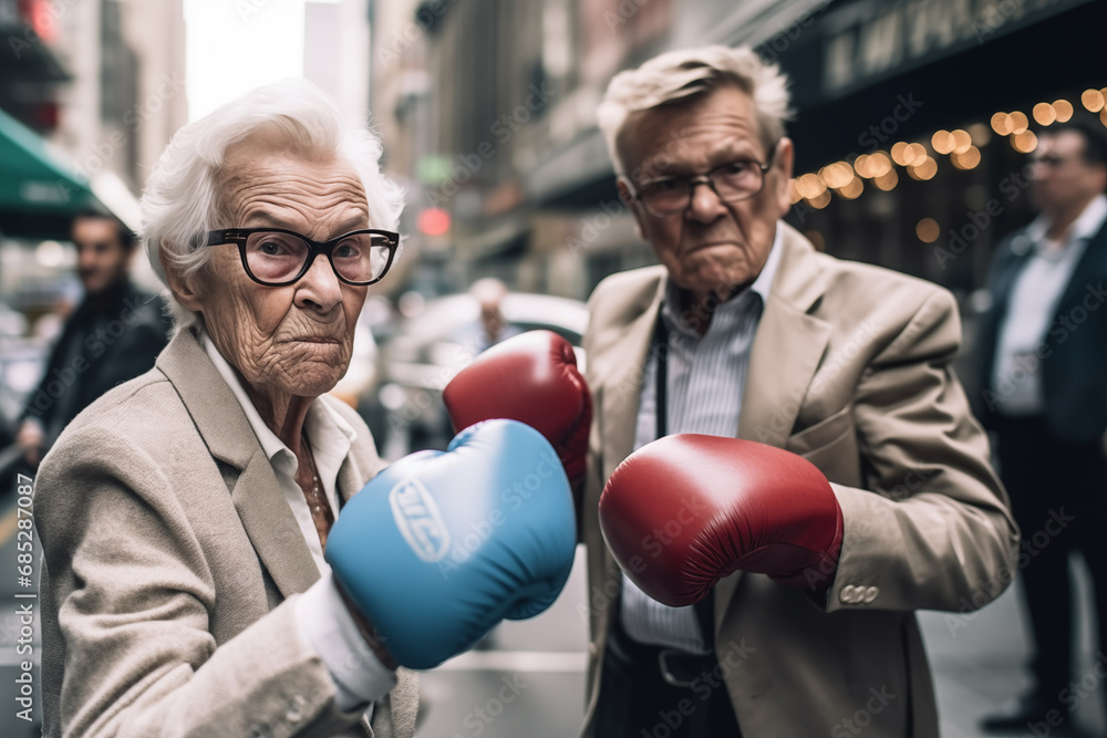 Pensioners boxing on street in USA. Grandmother boxing with grandfather ...