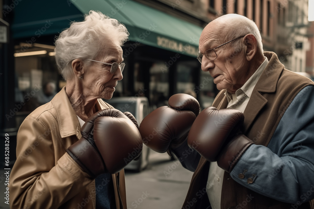 Pensioners boxing on street in USA. Grandmother boxing with grandfather ...