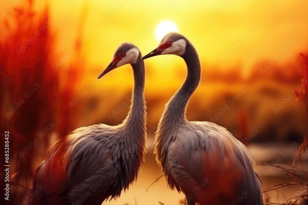 Two birds standing next to each other in a field. Suitable for nature ...