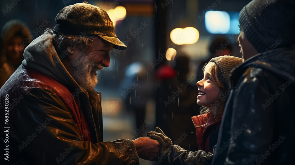Candid photo of a happy elderly homeless man gets help from child ...